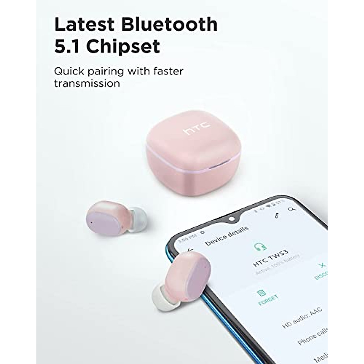 HTC True Wireless Earbuds 2 Bluetooth 5.1 with USB-C Charging Case, 32-Hour Playtime, Built-in Microphone, Touch Control Wireless Earbuds- Pink