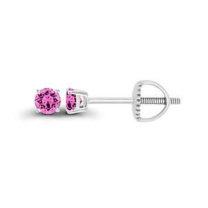 Solid 14K White Gold 3mm Round Created Pink Sapphire Birthstone Screwback Stud Earrings