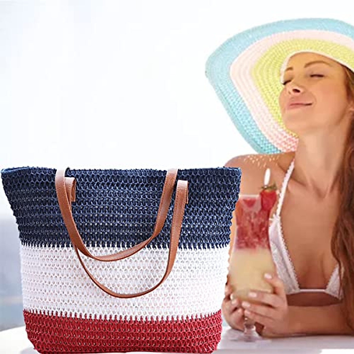 JNF Large Beach Bags for Women Crochet Beach bag Rattan Woven Tote Bag Travel Totes Bohemian Straw Beach Bags and Totes Towel Bag (Straw Beach bag 09)