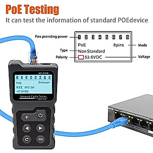 KOLSOL Network Cable Tester, Ethernet Wire Tracer with NCV & Lamp for CAT5 CAT6, PoE Tester Detect Voltage Measure Fault Distance by TDR NF-8209