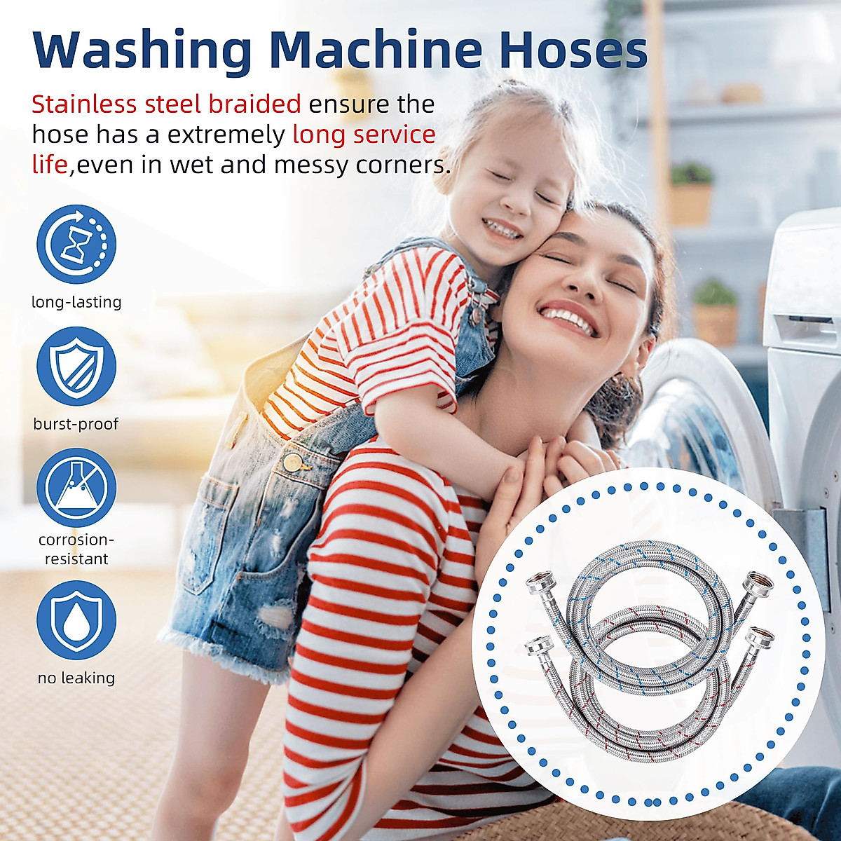 6FT Stainless Steel Washing Machine Hoses 3/4" NPT Connection Red and Blue Braid Water Supply Lines by Fetechmate Hot and Cold Premium Washer Hoses (2 Pack) - 10 YEAR WARRANTY