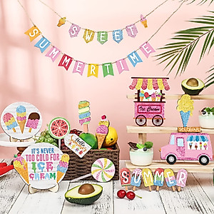 11 Pcs Ice Cream Party Tiered Tray Decor Ice Cream Party Decorations Supplies Wooden Signs for Summer Home Summer Farmhouse Cream Tiered Tray Decor (Ice Cream Style)