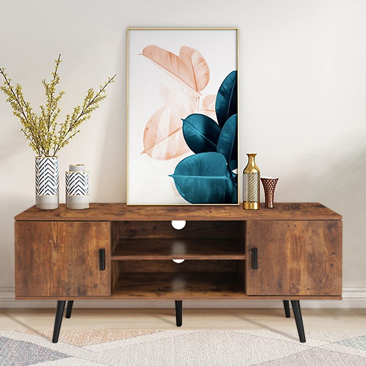 Iwell Mid Century TV Stand & Large Storage Cabinet with 2 Drawers & 2 Shelf Set, Sideboard Cupboard with Double Door, Boho Cocktail Table for Living Room, Bedroom, Kitchen, Home Office, Rustic
