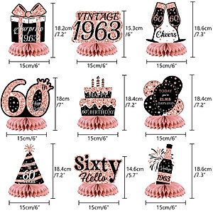LITAUS, Rose Gold 60th Birthday Decorations Honeycomb Centerpieces for Table - Pack of 9 | 60th Birthday Table Decorations Women | Happy 60th Birthday Decorations
