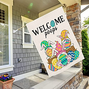 Ksoemar Easter Flag 28 x 40 Double Sided, Welcome Peeps Bunny Gnomes Easter House Flags, Large Burlap Yard Flag,Spring Gnomes Eggs Rabbit Welcome Easter House Decoration
