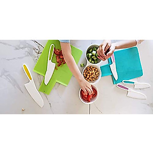Tovla Jr Kids Kitchen Montessori Knives and Foldable Cutting Board Set: Children's Safety Cooking Knives in 3 Sizes & Colors/Firm Grip, Serrated Edges, BPA-Free Kids' /Safe Lettuce Knives (Green)