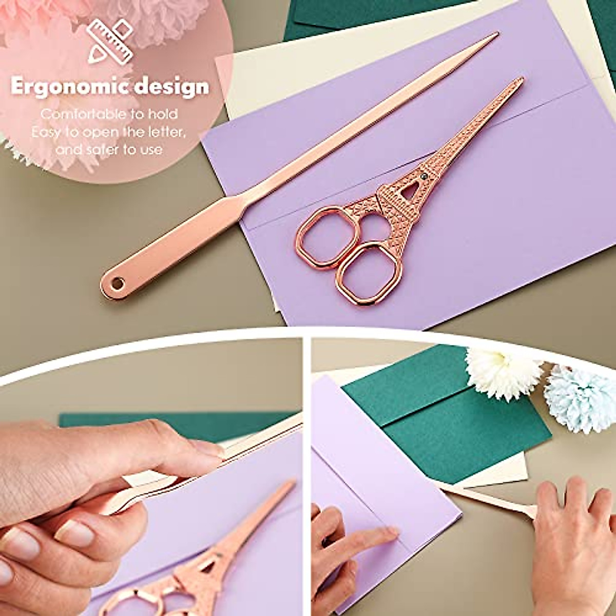 3 Pieces Scissors and Letter Opener Set Include 2 Pieces Metal Envelope Opener Slitter and 1 Pieces Eiffel Tower Embroidery Scissors Craft Scissors for Office Home School Supplies (Rose Gold)
