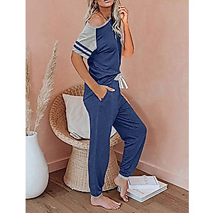 PRETTYGARDEN Short Sleeve Jogger Sets for Women 2 Piece Color Block Casual Tops and Long Pants Track Suit Matching Pajama Set(Z-Grey Blue,Large)