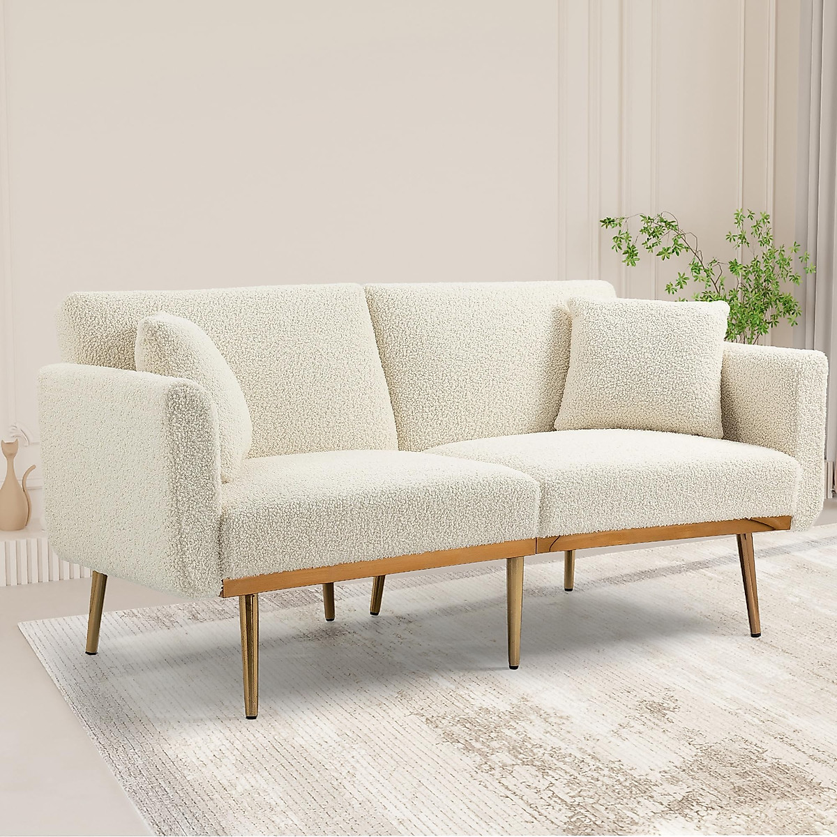 SZLIZCCC Accent Sofa, Mid Century Modern Teddy Velvet Fabric Couch， Convertible Futon Sofa Bed ，Recliner Couch Accent Sofa Loveseat Sofa with Gold Metal Feet (White Teddy)