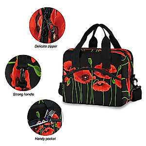 Large Lunch Bag for Women Men Flower Poppy Art Painting Cooler Bags Insulated Lunch Tote Bag with Zipper Top & Detachable Shoulder Strap for Work Picnic Beach, No Leak