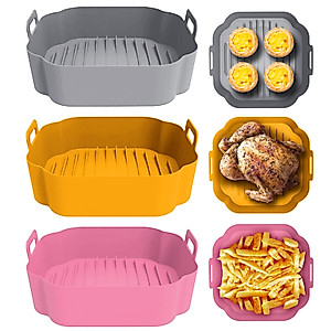 3 Pcs Air Fryer Silicone Liners, Air Fryer Basket 8 inch Square Heat Resistant Reusable Air fryers Silicone Pot for 4 to 7 QT Air Fryer Oven Microwave (Gray+Pink+Yellow)