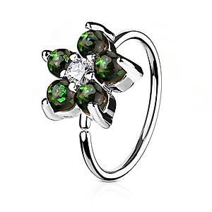 Forbidden Body Jewelry 20g 8mm Surgical Steel Dark Green Opalite Flower and CZ Nose Ring and Cartilage Hoop