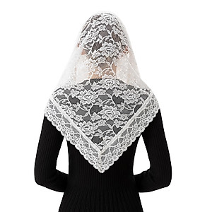 PAMOR Veils for Church Catholic Triangluar Scarf Embroidered Chapel Veil Head Covering Latin Mass Mantilla (White)