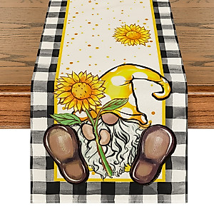 Artoid Mode Watercolor Buffalo Plaid Sunflower Gnome Placemats Set of 4, 12x18 Inch Seasonal Holiday Table Mats for Party Kitchen Dining Decoration