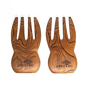 Rainforest Bowls Javanese Teak Wood Salad Serving Hands w/Knob Handles - Perfect for Mixing, Tossing & Serving Salad - Ultra-Durable- Premium Wooden Design Handcrafted by Indonesian Artisans