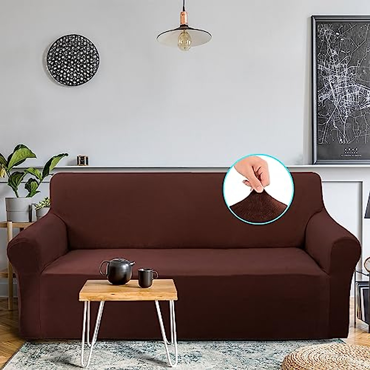 U-NICE HOME Velvet Sofa Covers Stretch Couch Covers for 3 Cushion Couch Furniture Protector Sofa Slipcover (Large, Chocolate)