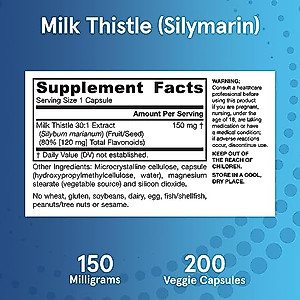Jarrow Formulas Milk Thistle 150 mg With 30:1 Standardized Silymarin Extract, Dietary Supplement for Liver Function Support, 200 Veggie Capsules, 66-200 Day Supply
