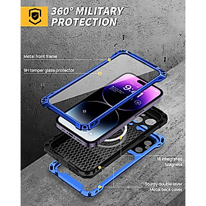 Lanhiem for iPhone 14 Pro Max Metal Case, [Built-in Camera Kickstand & Tempered Glass Screen Protector] Protective Rugged Heavy Duty Full Body Magsafe Military Cover for iPhone 14 Pro Max 6.7"(Blue)
