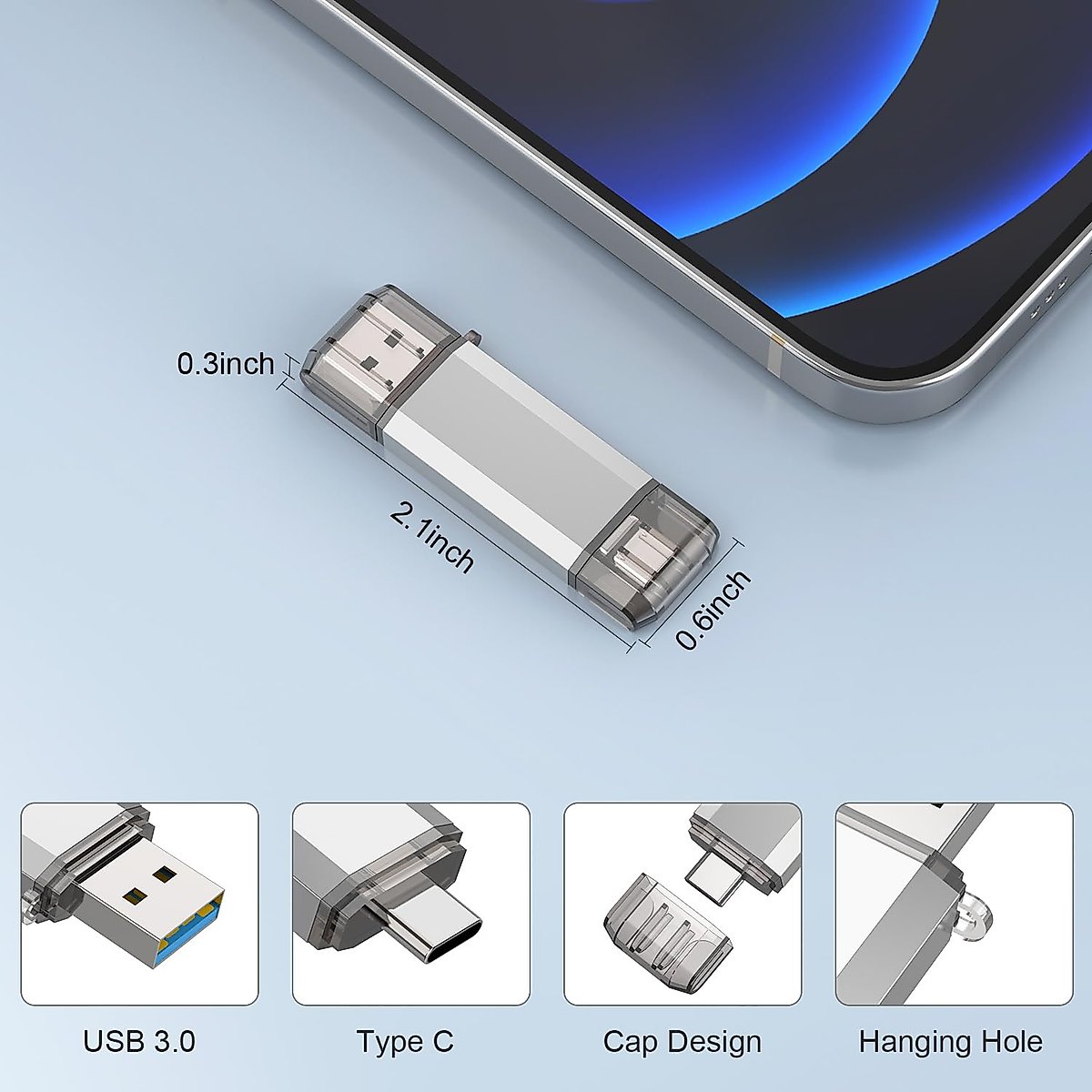 RAOYI 128GB USB C Flash Drive, 2 in 1 USB 3.0 Type C Dual OTG Metal Thumb Drive Jump Drive Memory Stick with Keychain Suitable for USB-C Smartphones, MacBook, Computers and Tablets (Silver)