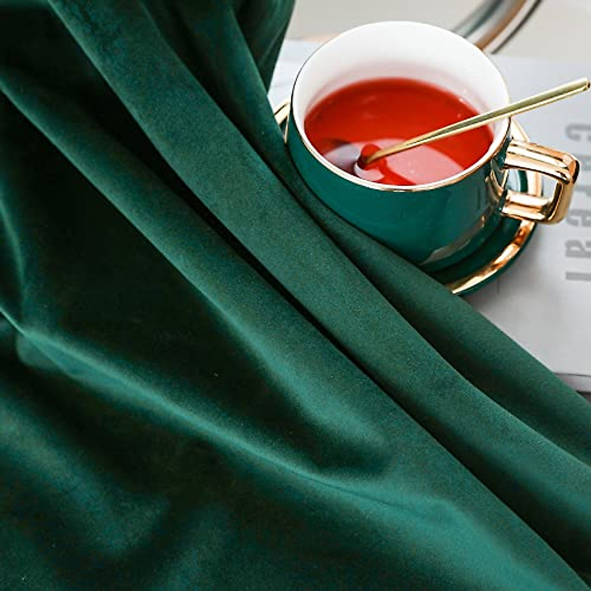 WOD FAMY Luxury Velvet Blackout Vintage Curtains Thermal Insulated Drapes Velvet Curtains Grommet 52Wx95L Inch 2 Panels Dark Green