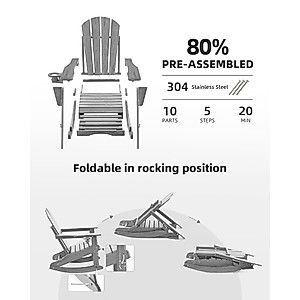 Serique Folding Adirondack Rocking Chair,4-in-1 Multifunctional Patio Chair with Retractable Ottoman, Outdoor Chair Wood Texture, Lawn Chair for Porch, Backyard, Pool(Grey)
