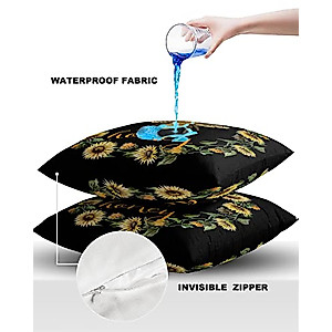 Vandarllin Outdoor Throw Pillows Covers 18X18 Set of 2 Waterproof Floral Sunflower Wreath Decorative Zippered Lumbar Cushion Covers for Patio Furniture, Bee Honey Black