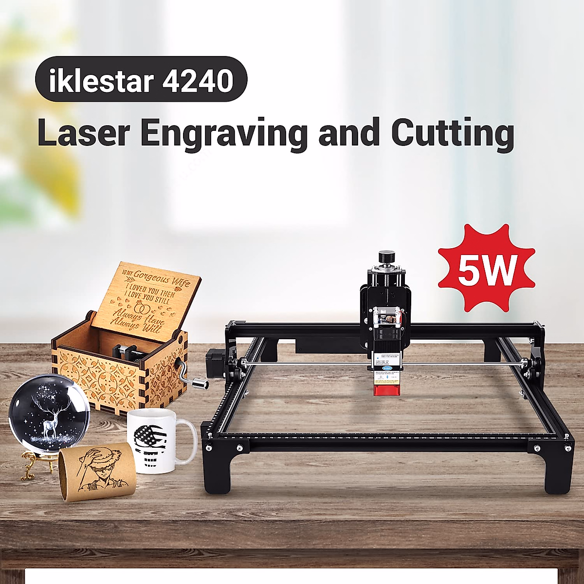 4240 Engraving Machine for Metal, Iklestar 20W Engraver and Cutter for Wood, 5000mW Optical Power, Compressed Spot, DIY Marking (16.54"x15.75")