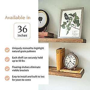 Willow & Grace Wall Mounted Wooden Floating Shelves, Wall Shelves for Bedroom, Bathroom, Living & Laundry Room, Kitchen, Decor - Rustic Farmhouse Small Wood Shelf - Light Walnut (36 Inch Set of 2)