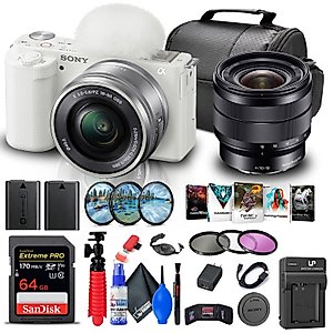 Sony ZV-E10 Mirrorless Camera with 16-50mm Lens (White) (ILCZV-E10L/W) + Sony E 10-18mm Lens + 64GB Card + Filter Kit + Corel Photo Software + Bag + NPF-W50 Battery + External Charger + More (Renewed)