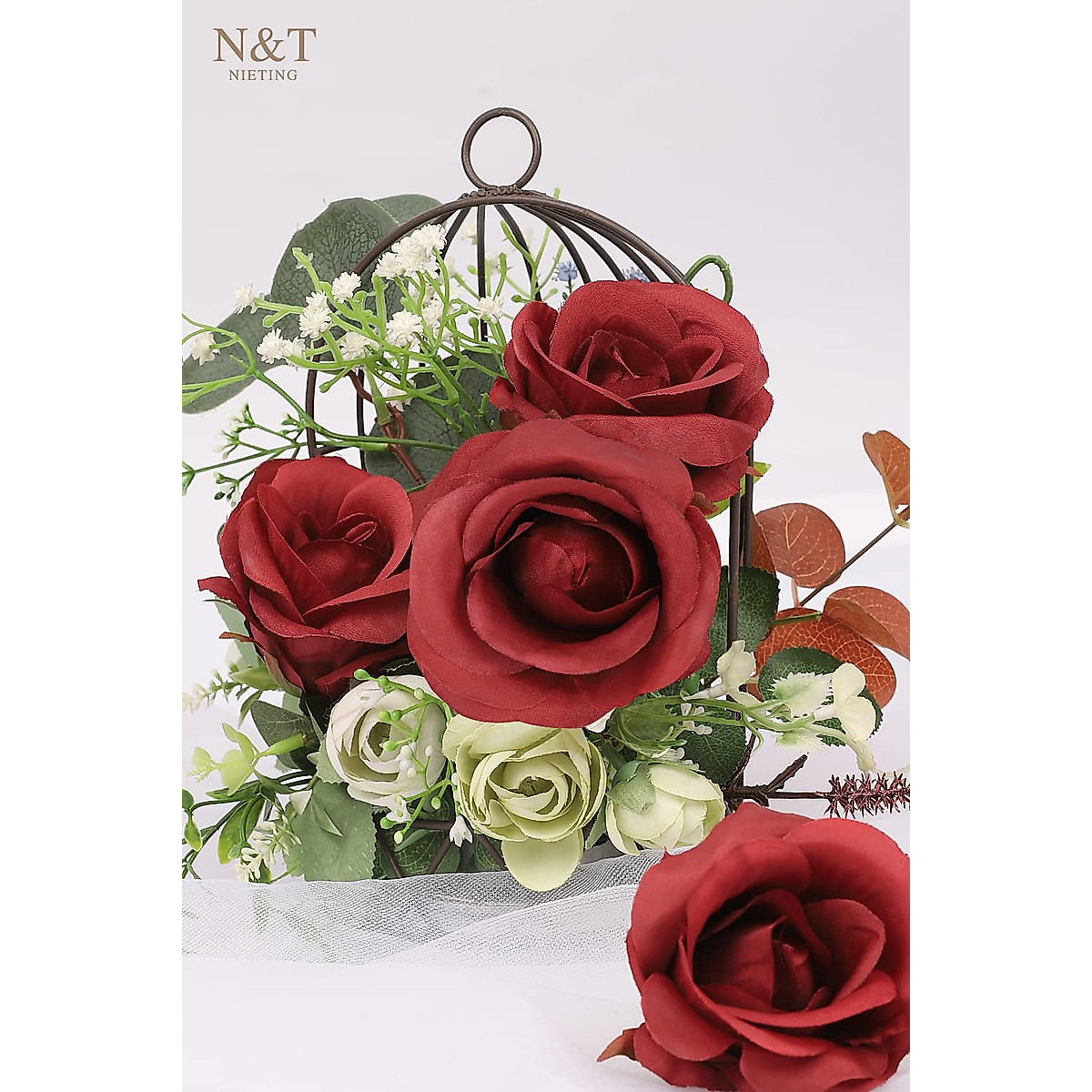 N&T NIETING Artificial Flowers, 20Pcs Silk Rose Fake Flowers with Stems Bridal Wedding Bouquet Baby Shower Home Garden Party Decoration, Dark Red