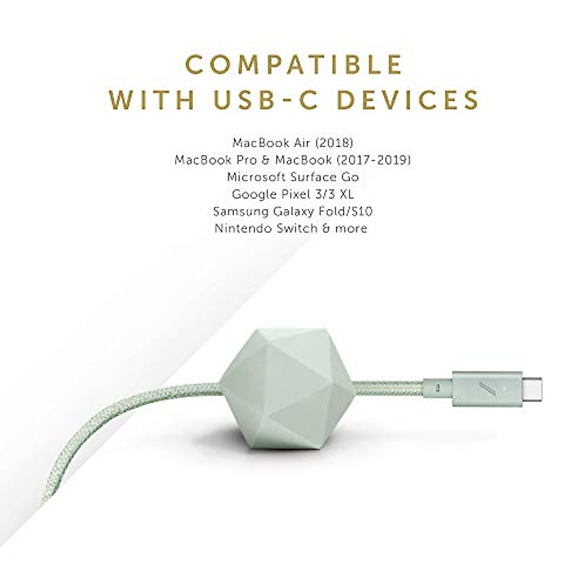 Native Union Type-C Desk Cable – USB-C to USB-C 8ft Ultra-Strong Non-Slip Charging Cable with Anchor Weight Compatible with iPhone 16, 15, MacBook Pro 13" M1/ M2, Air 13"/15", Surface Go 3 (Sage)