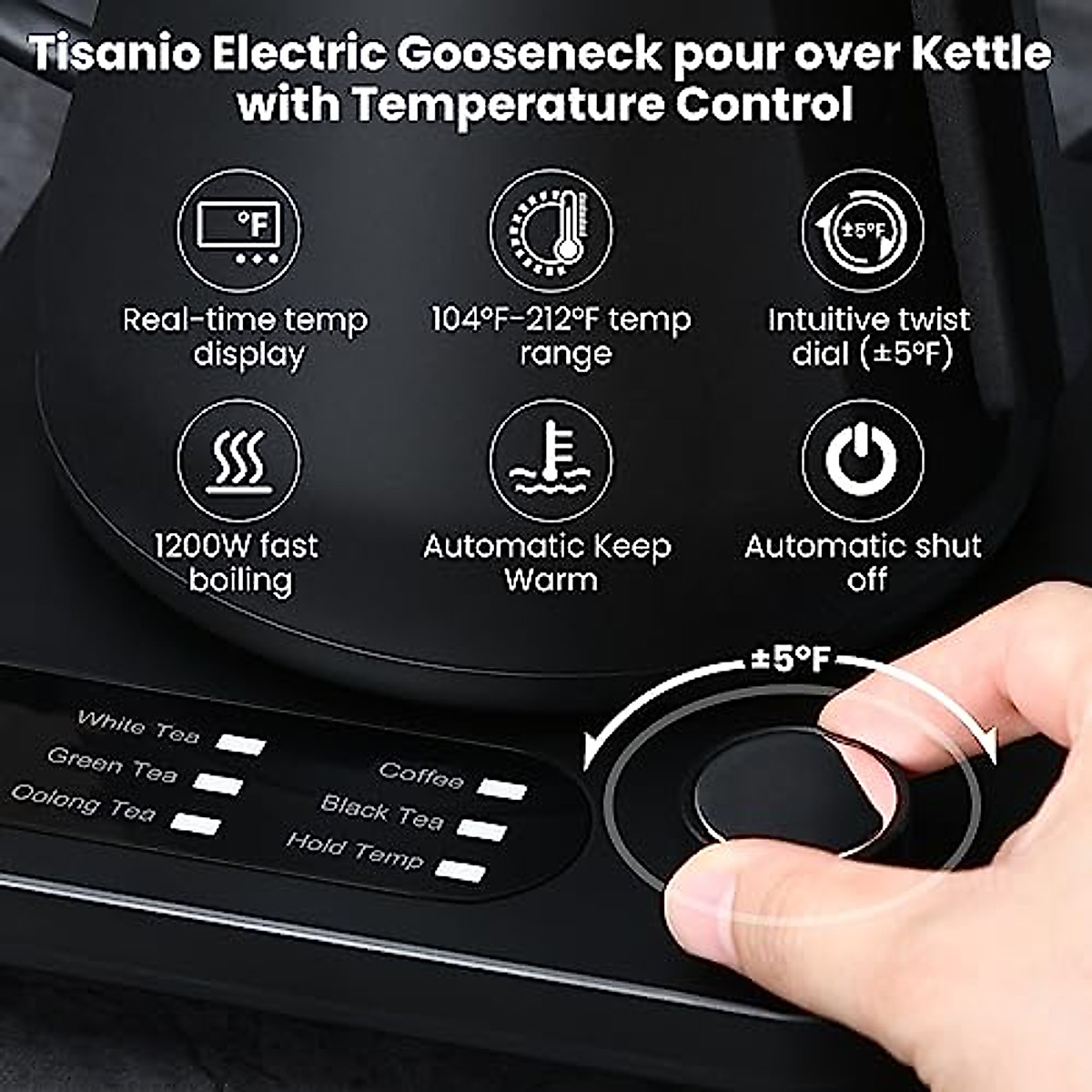Tisanio Electric Gooseneck Kettle with LCD Display Temperature Control, Pour Over Coffee Kettle & Tea Kettle, Auto Shut-off, 100% Stainlee Steel, 1200 Watt Quick Heating, 0.8L, Black