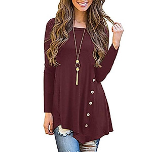 Miskely Women's Long Sleeve Casual Scoop Neck Tees Button Side Shirt Blouse Tunic Top (XL,Wine)