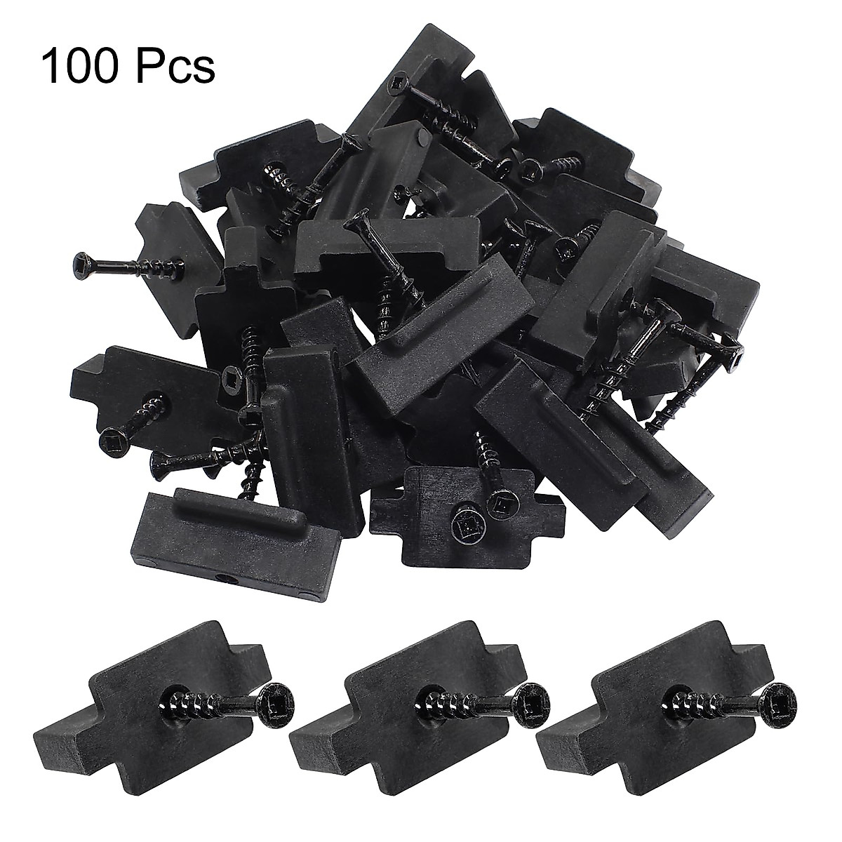 LifCratms 100Pcs Hidden Fasteners Clips for Deck Fastening, Black Nylon Plastic T Clips with Metal Screws for Composite Decking Boards Universal Deck Fastener Clips System