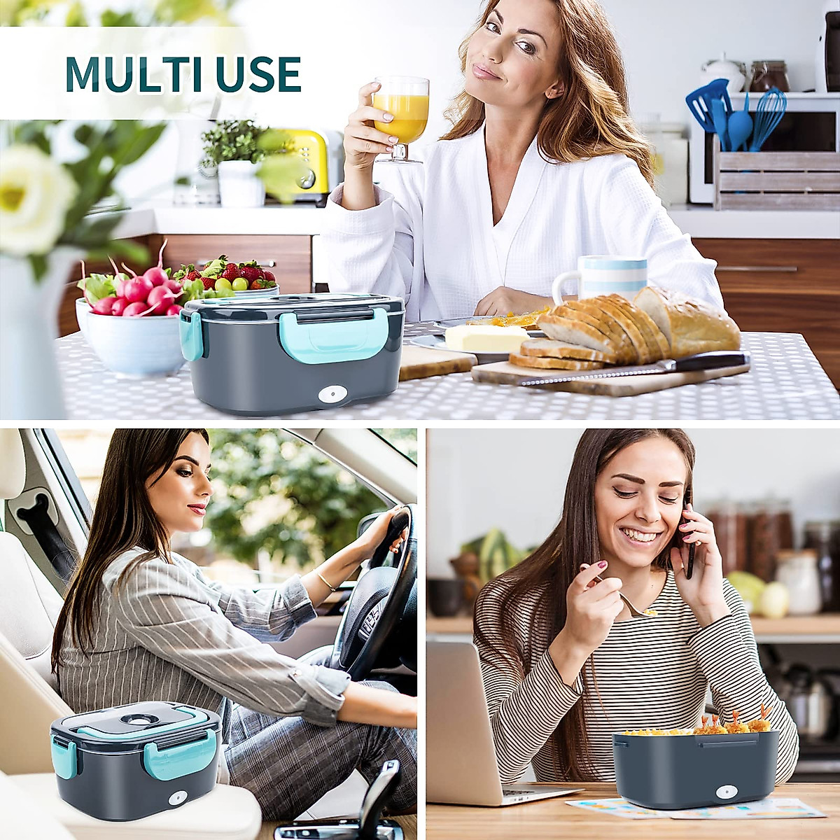 JDISANGI Electirc Lunch Box Food Heater 60w Lunch Containers for Adults, 12V 110V Food Warmer for Car, Truck, Home with 304 Food-Grade Stainless Steel Container 1.5L.