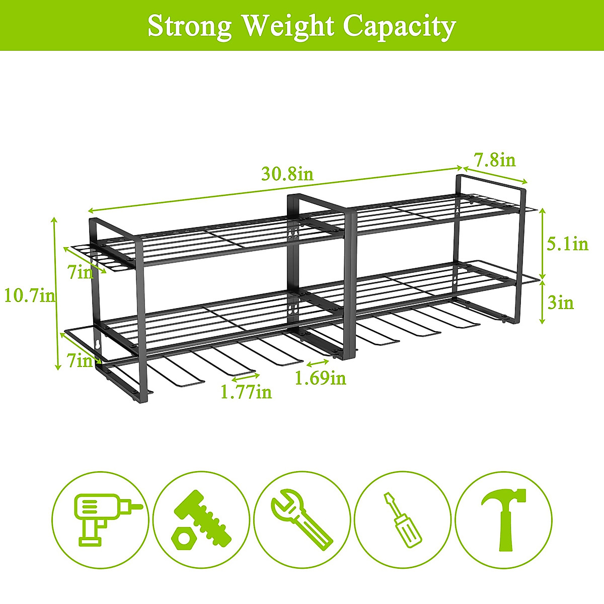 Power Tool Organizer,8 Power Drill Holder Wall Mount,3 Layers Power Tool Storage Rack Shelf with Hooks,Heavy Duty Metal Cordless Powertool Shelf for Garage Organization with Screwdriver/Plier/Hammer