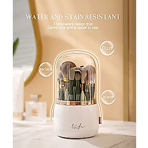 Y.duck Pink Makeup Brush Holder with Lid - 360 Rotating Makeup Organizer for Vanity - Dustproof Make Up Organizers and Storage-With Makeup Brush Cleaner Mat (White)