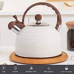Whistling Stainless Steel Tea Kettle with Wood Grain Anti Heat Handle, Cylindrical Wood Grain Stainless Steel Cover, 2.6 Quart/2.5 Liter, Beige