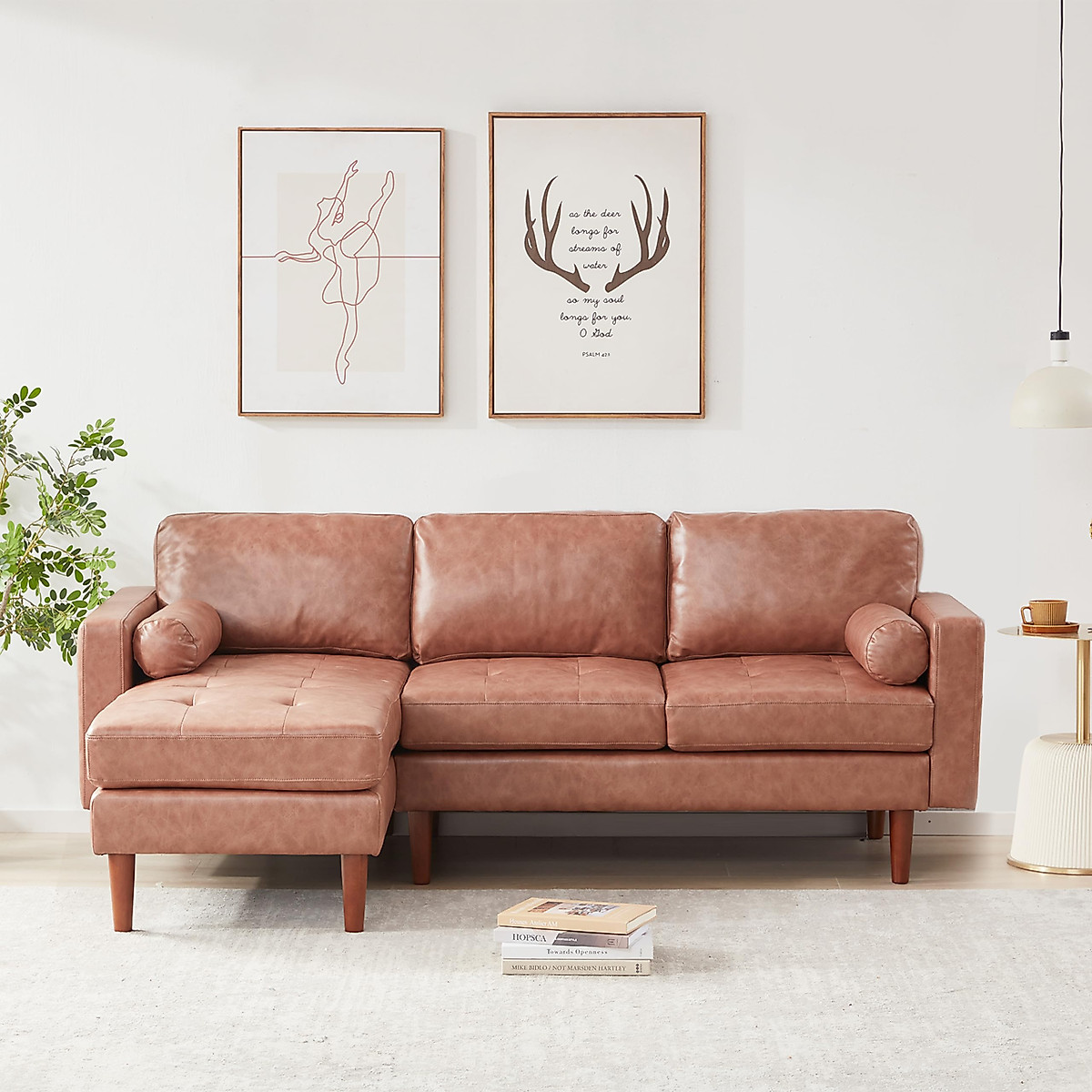 Tbfit 80"W Sectional Sofa Couch, L Shaped Couch with Reversible Chaise, Mid Century Modern Faux Leather Couches for Living Room Apartment Small Space, Convertible Sofa with Tufted Seat Cushion, Brown