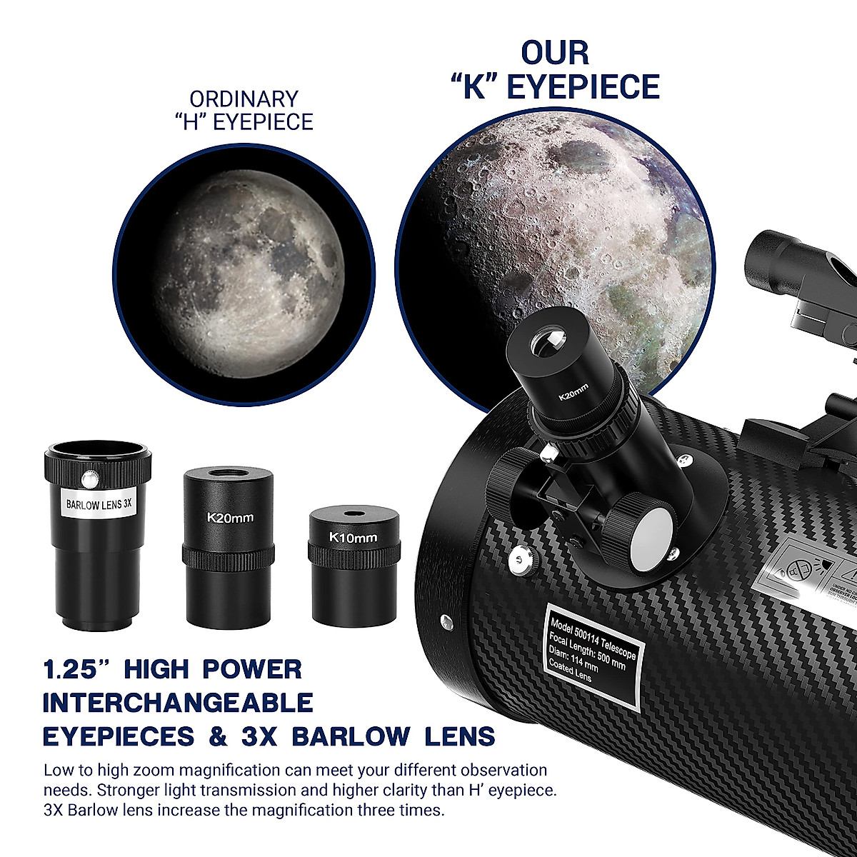 ESSLNB Astronomical Reflector Telescopes 114AZ Mount with Shutter Control and Steel Tripod 500mm Telescopes for Adults Astronomy Beginners with Phone Adapter 3X Barlow Lens and Moon Filter