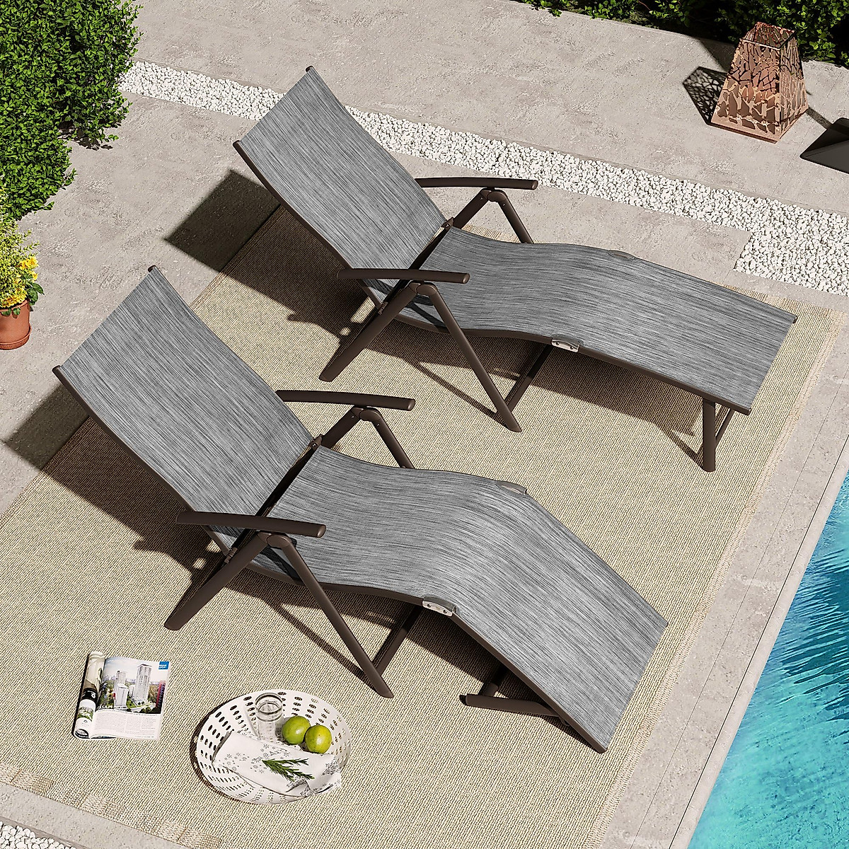 VredHom 4PCS Patio Chaise Lounge Outdoor Folding Adjustable Lounge Chair Recliner with 8 Adjustable Backrest Positions for Pool Beach Yard, Dark Gray Textliene and Brown Aluminum Frame