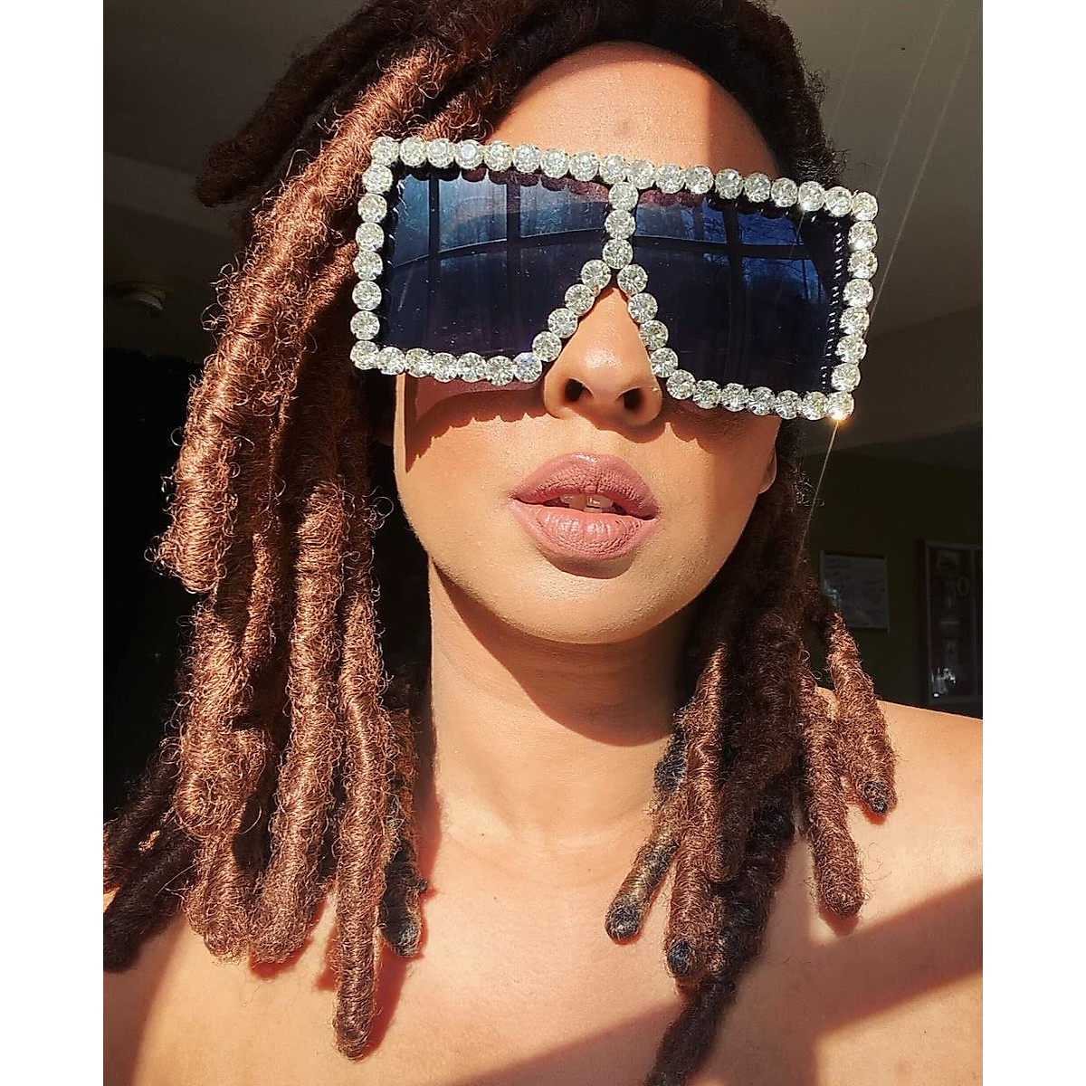 FEISEDY Oversized Sparkling Crystal Sunglasses Disco Diamond Flat Top Fashion Square Large Shades B2782