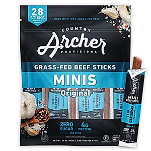 Original Mini Jerky Beef Sticks by Country Archer, 100% Grass-Fed, Gluten Free, High Protein Snacks, .5 Ounce, 28 Count