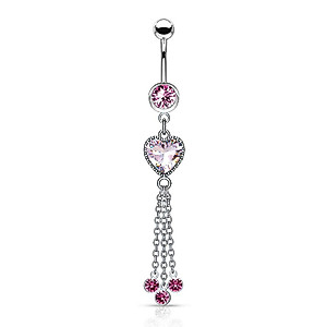 Forbidden Body Jewelry Surgical Steel Dangle Belly Button Ring Featuring CZ Heart and Chains, Pink