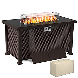 UPHA Patio Propane Gas Concrete Fire Pit Table, with Pit Cover, 50000 BTU Auto-Ignition Fire Table,White Beige