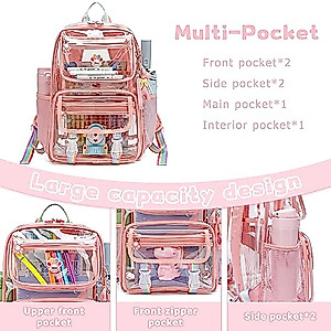 Maod Clear Backpack Heavy Duty Stadium Approved PVC Transparent Large School Book Bag with Free Sticker and A Pendant (Pink)