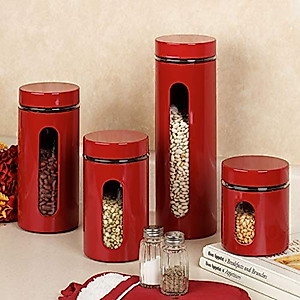 Quality Modern Red Stainless Steel Canister Set for Kitchen Counter with Glass Window & Airtight Lid - Food Storage Containers with Lids Airtight - Pantry Storage and Organization Set