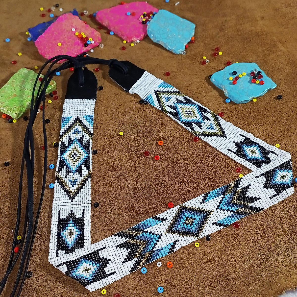 Weavish Beaded Hatband Native American Style Southwestern Cowboy Rode Handmade Head/Hat Band Collection [ ] (White,turquoise)