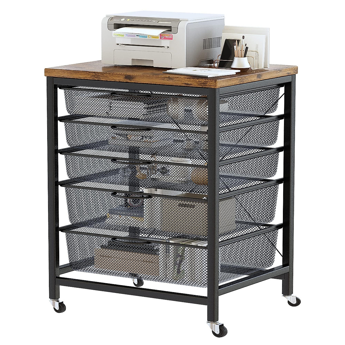 AWQM Rolling File Storage Cabinet,5 Drawers Cart Organizer with Lockable Wheels,Mobile Office Printer Stand,Home Office Utility Cart,Rustic Brown & Black Mesh