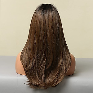 HAIRCUBE Brown Wigs for Women Long Straight layered Wig with Bangs Heat Resistant Fiber Synthetic Wigs Daily Natural looking